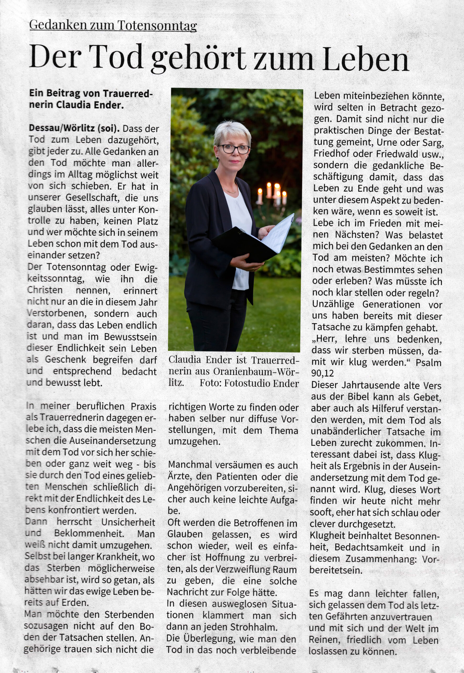 Gedanken zum Totensonntag - Trauerreden Claudia Ender